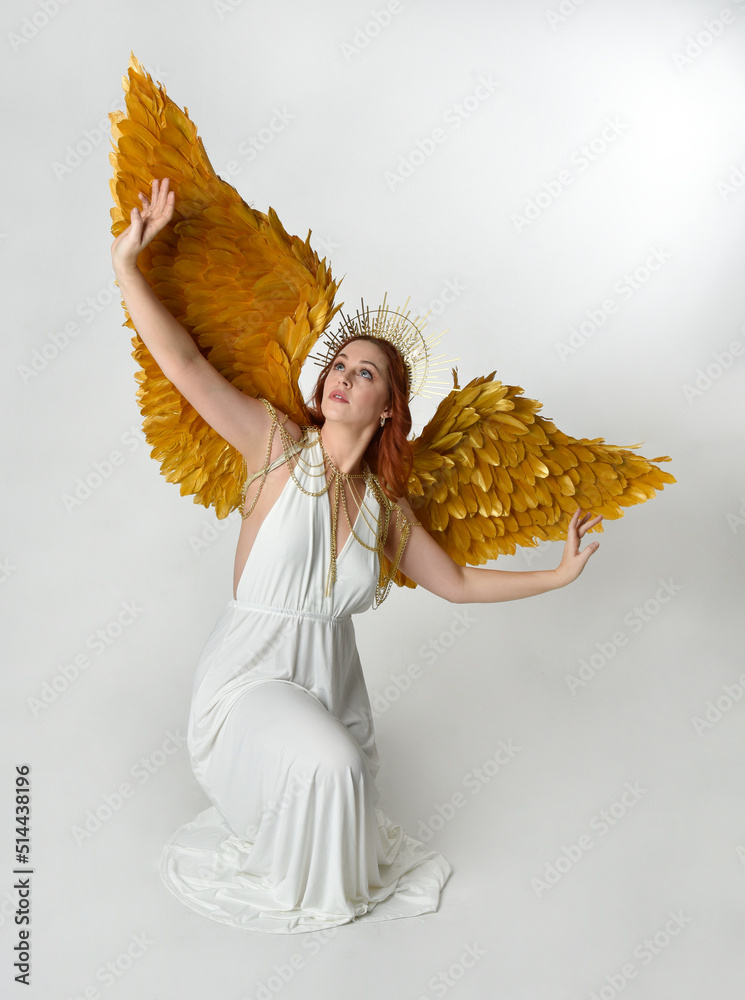 Full length portrait of beautiful red head woman wearing long flowing ...