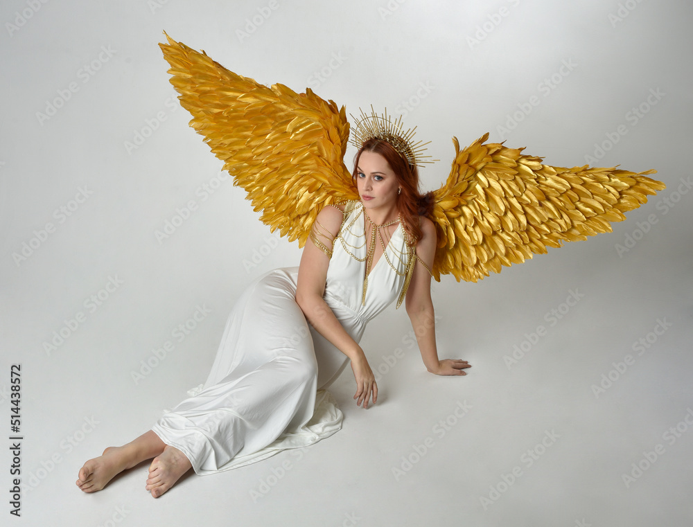 Full length portrait of beautiful red head woman wearing long flowing ...