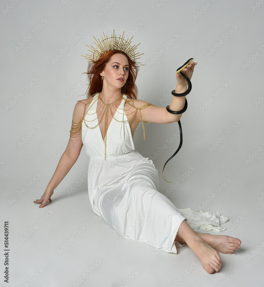 Full length portrait of beautiful red head woman wearing long flowing ...