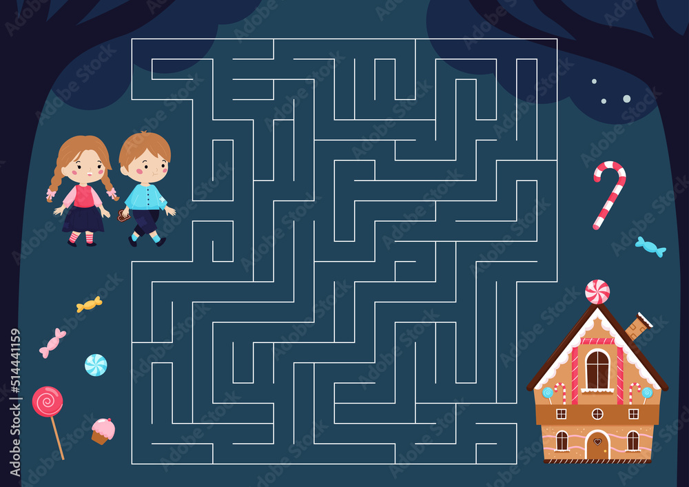Maze game for children. Hansel and Gretel find the sweet gingerbread ...