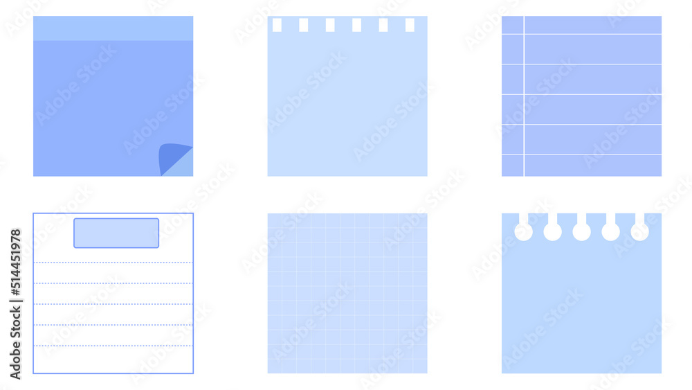set of the soft pastel blue paper template, notepad, memo, sticky note ...