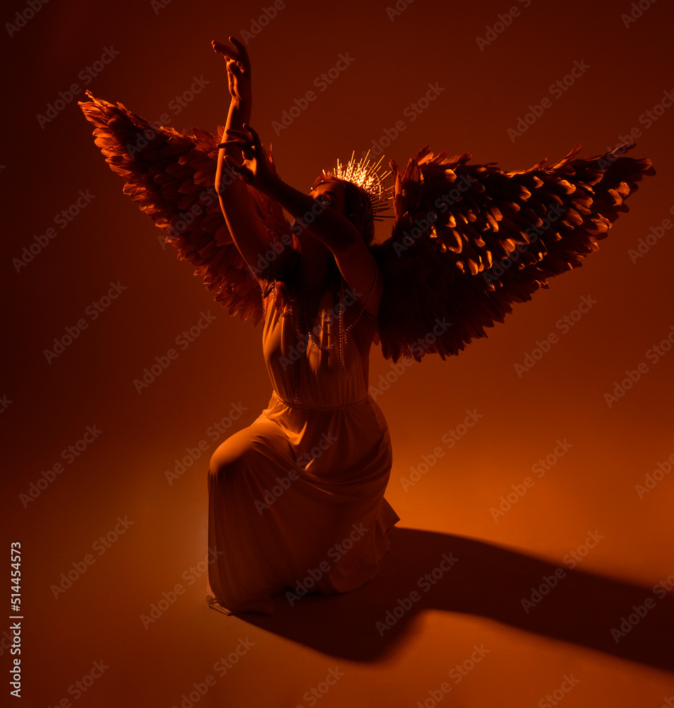 Full length portrait of beautiful red head woman wearing long flowing ...