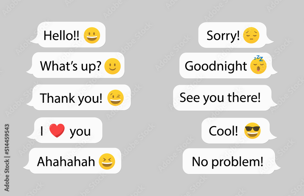 Set of speech bubbles SMS with different words and emoji. Communication ...