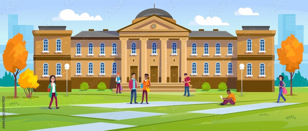 A diverse group of students before a university campus building, college or library. Young ...