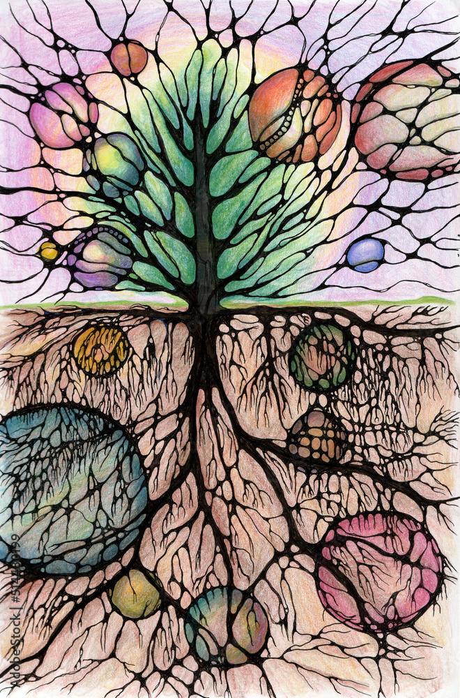 Tree of life, neuro art graphic concept, abstract pencil drawing, art therapy of brain task ...