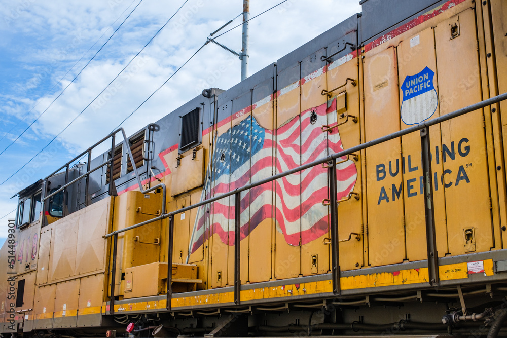 Union Pacific Railroad slogan, logo and American flag on the side of a ...