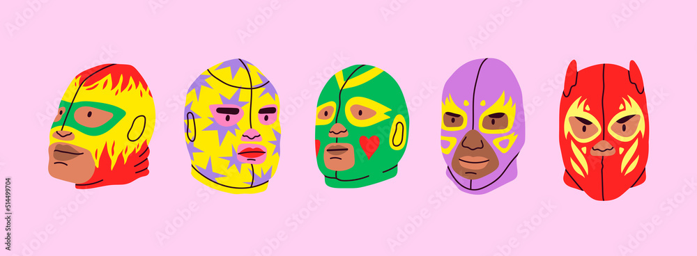 Various Lucha libre masks. Luchador colorful head set. Traditional ...