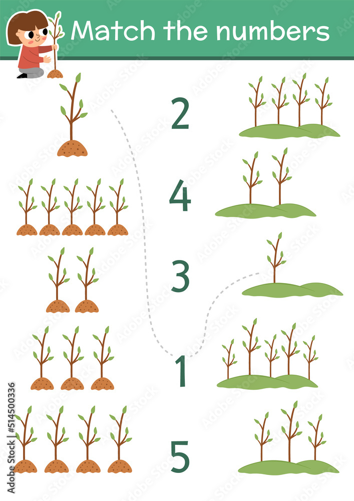 Match the numbers ecological game with girl planting trees. Earth day ...
