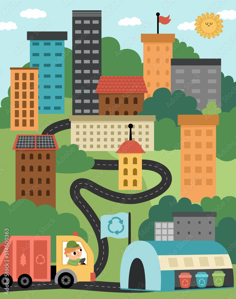 Vector eco city scene. Ecological town landscape with zero waste ...