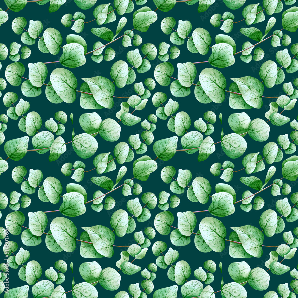 Seamless watercolor eucalyptus pattern. Dark green background with ...