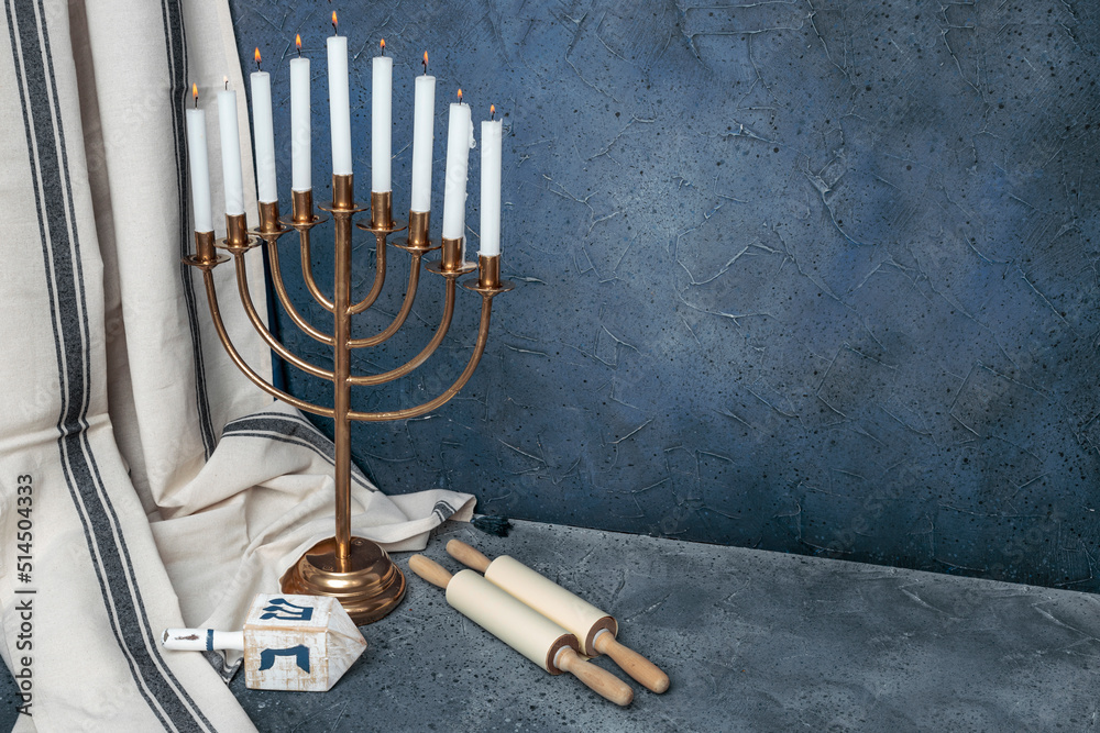 Jewish Hanukkah Menorah 9 Branch Candlestick, dreidel, Sefer Torah ...