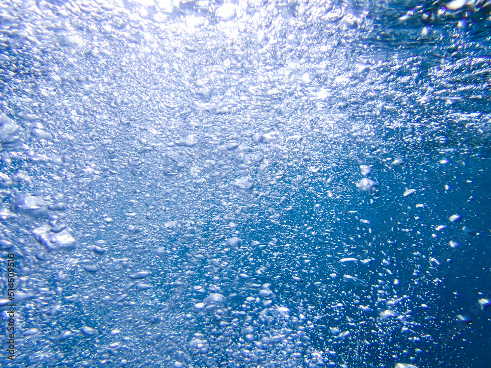 Tropical blue ocean with white bubbles underwater in Mediterranean Sea ...