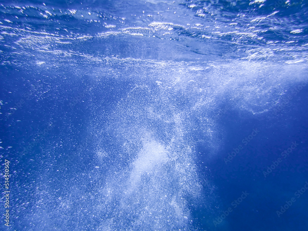 Tropical blue ocean with white bubbles underwater in Mediterranean Sea ...
