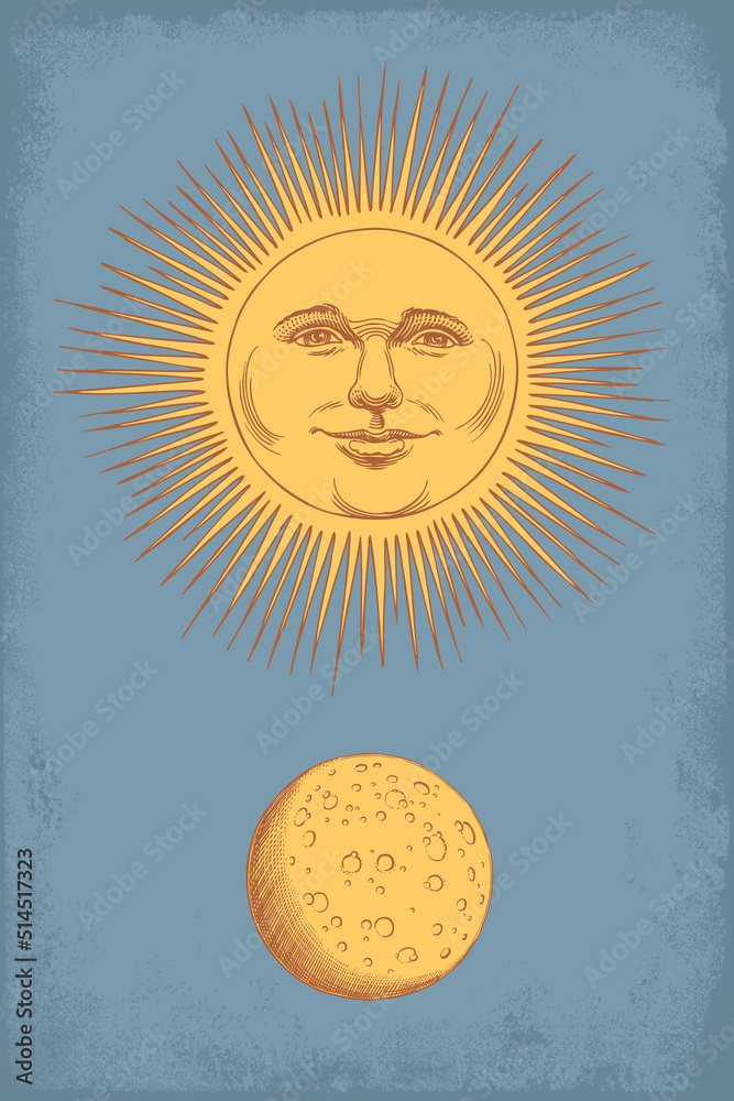 Equinox. Sun and moon. Editable hand drawn illustration. Vector vintage ...