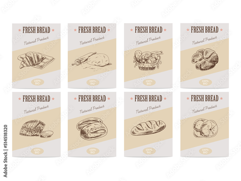 Vector hand drawn sketch bread posters set. Eco foods. Sketch ...