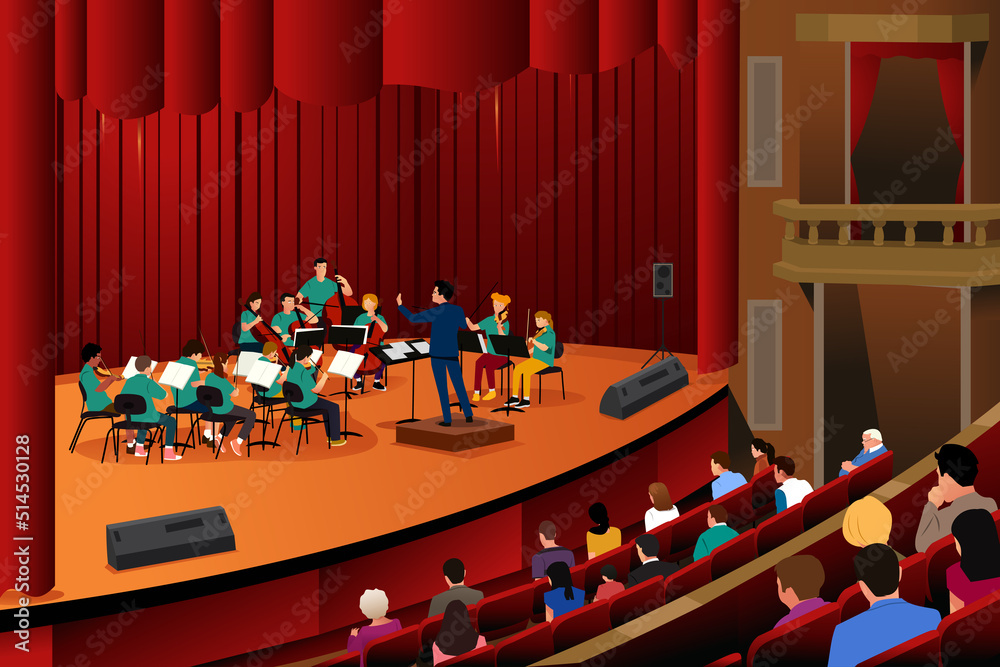 Student Musical Band Performance in Concert Hall Vector Illustration ...
