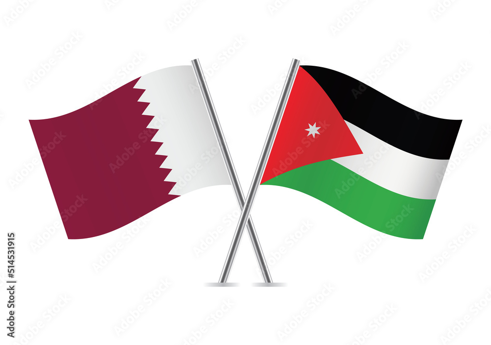 Qatar and Jordan crossed flags. Qatari and Jordanian flags on white ...