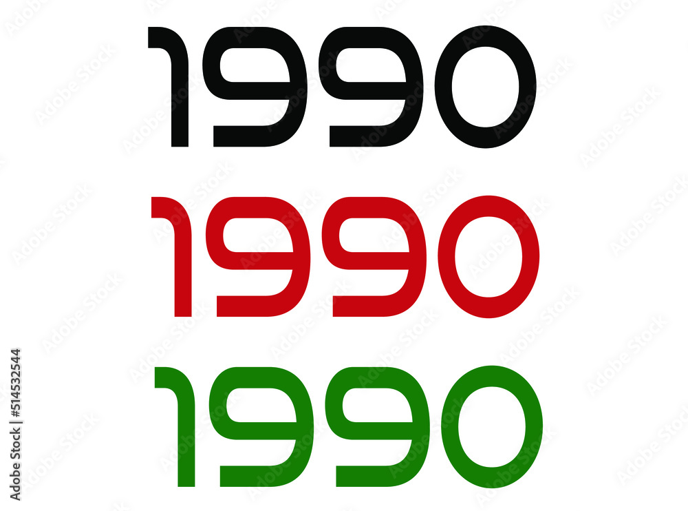 1990 year. Year set for comemoration in black, red and green. Vetor ...