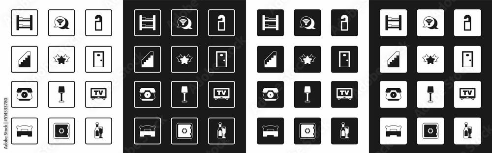 Set Please do not disturb, Stars rating, Stairs, Hotel room bed, door ...