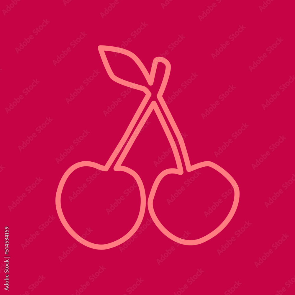 Cartoon Cherry Isolated on Red Background, Outline Graphic. Fresh ...