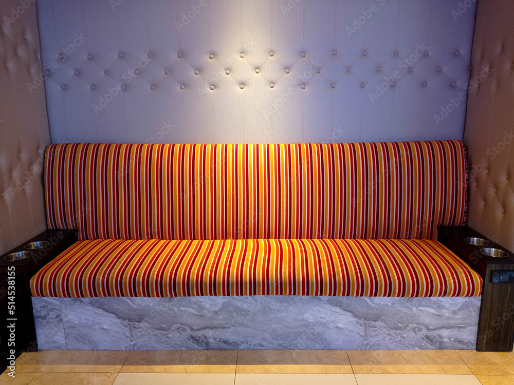 Interior with retro fabric long sofa, sofa in a vintage style Stock ...