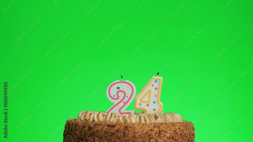 Cake with lighted candle number 24. Green screen background. Isolated ...