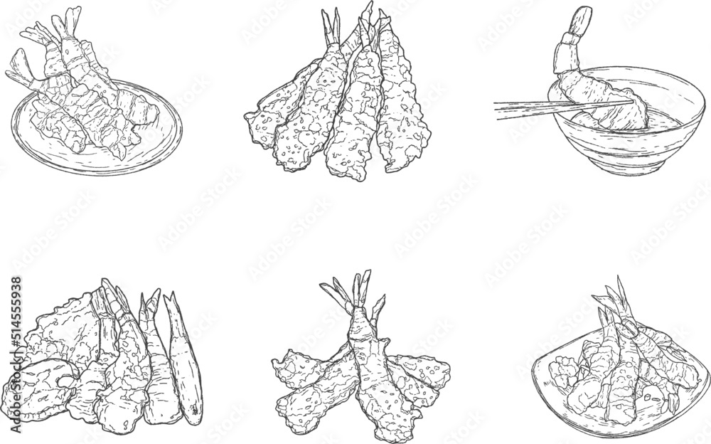 Sketch Hand drawn Assorted tempura on plate is Japanese most one of ...