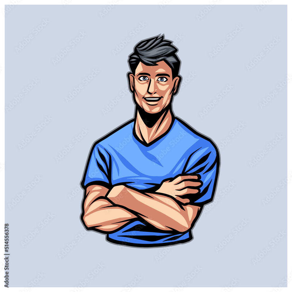 Cartoon style Illustration of man smile confidently with crossed hand ...