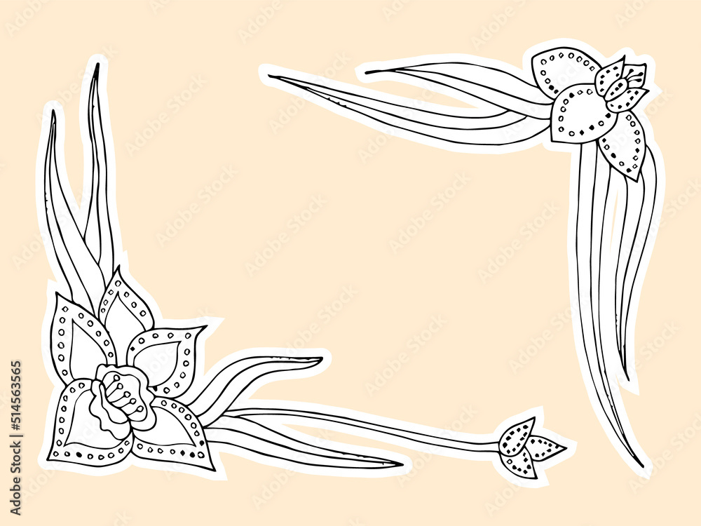 Doodle frame hand-drawn style, floral border drawing vector. Black and ...