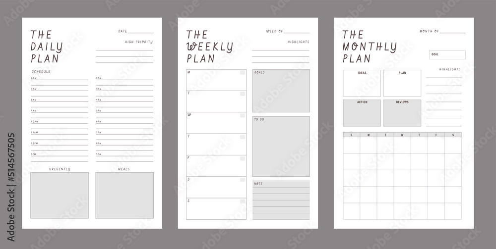 (Black Grey) Daily, weekly, Monthly planner template. .3 Set of ...
