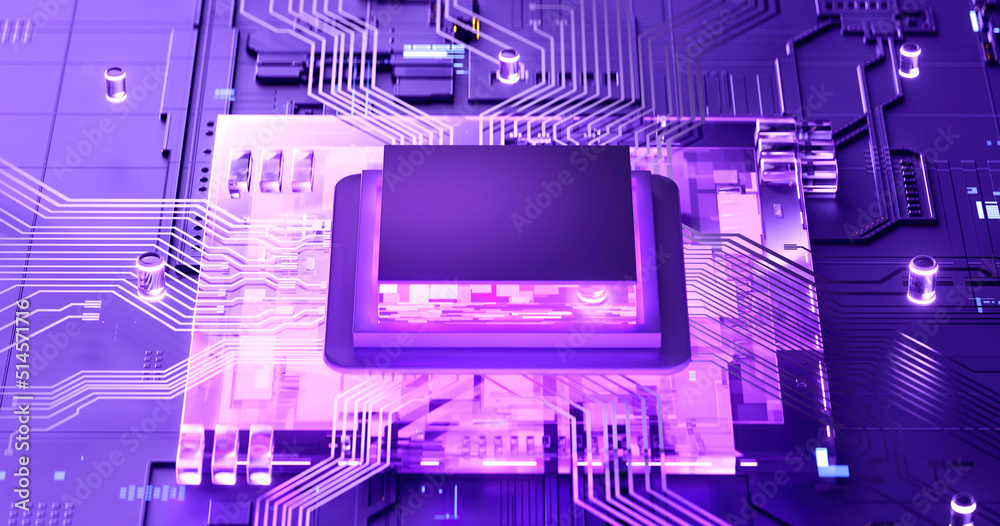 3D rendering of cyberpunk AI. Circuit board. Technology background ...