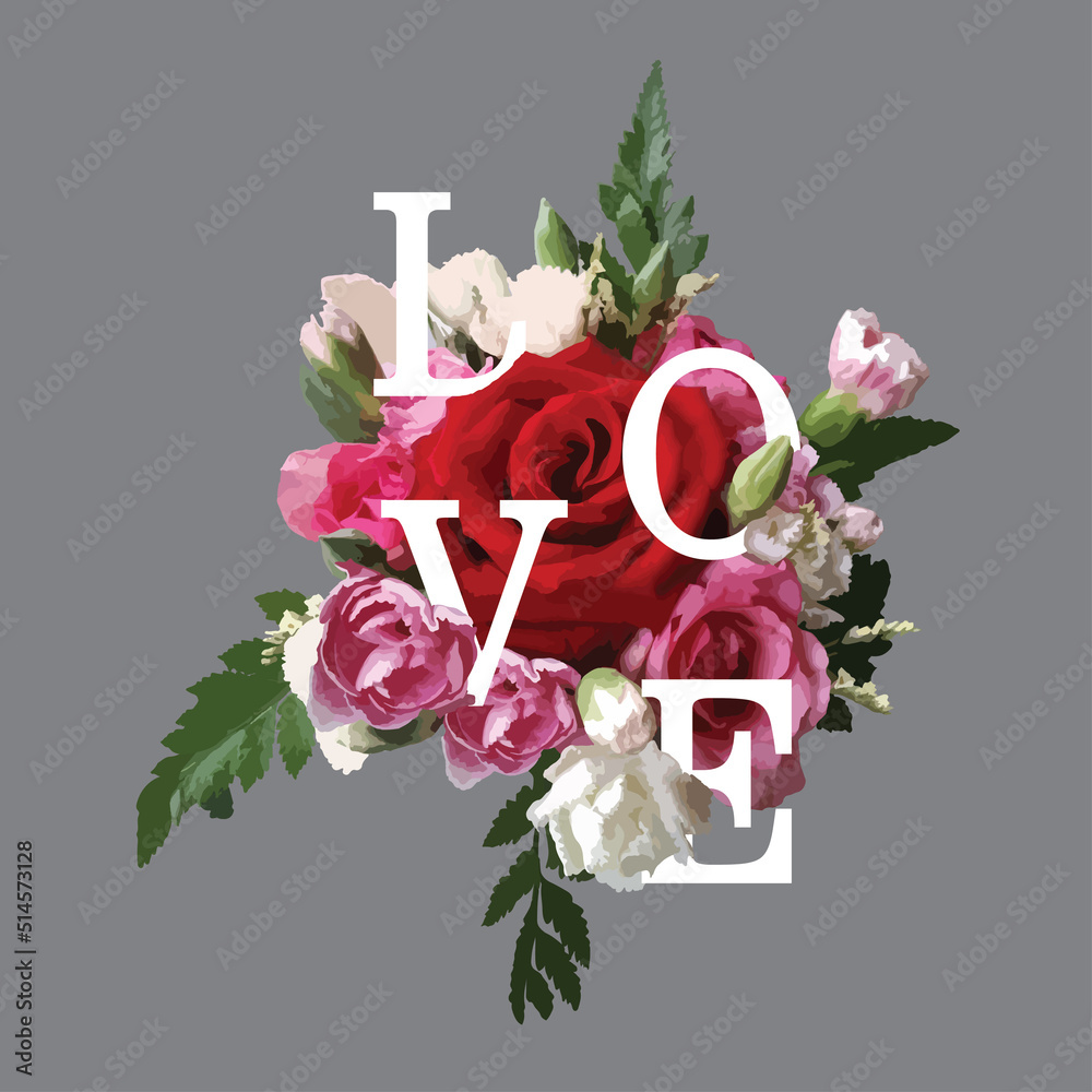 Flower with love text on glay background.Image for card,poster ...