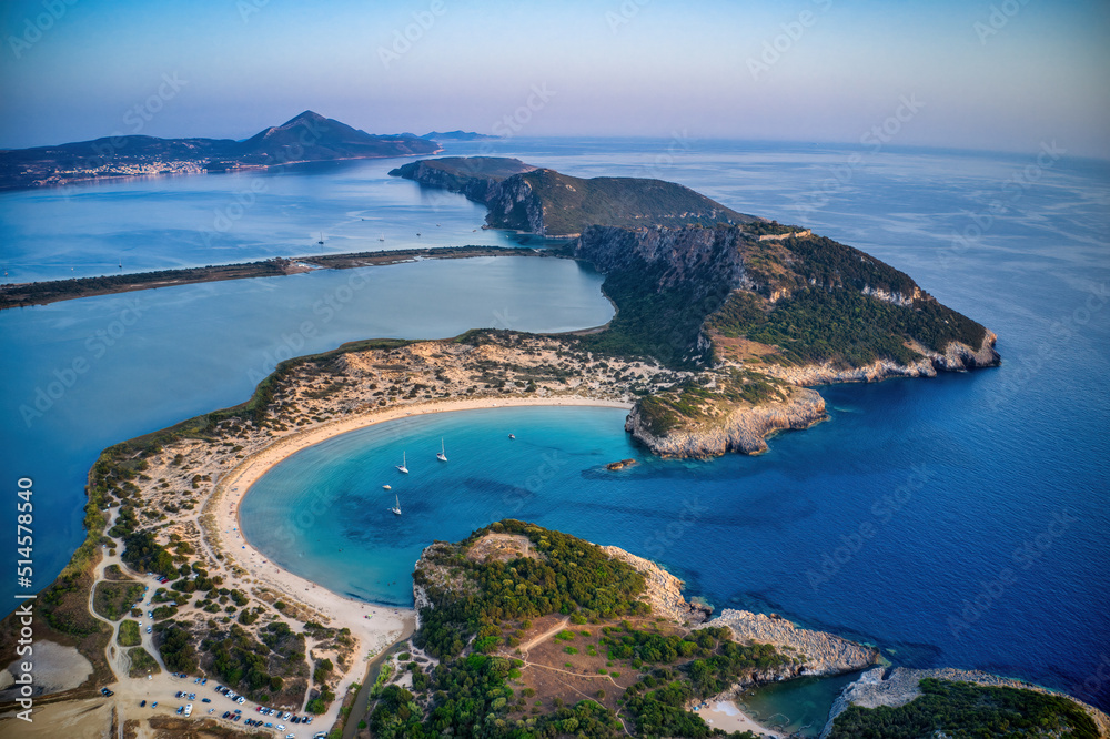 Panoramic aerial view of voidokilia beach, one of the best beaches in ...