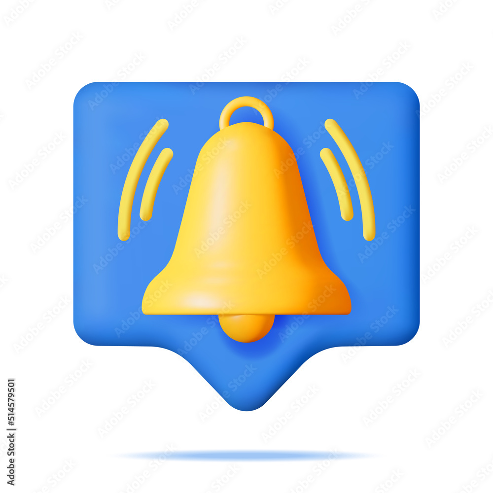 3D Notification Bubble with Bell Icon. Golden Render Ringing Bell. Gold ...