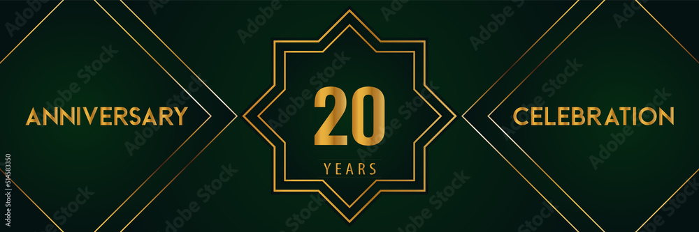 20 years anniversary celebration with gold number isolated on a dark ...