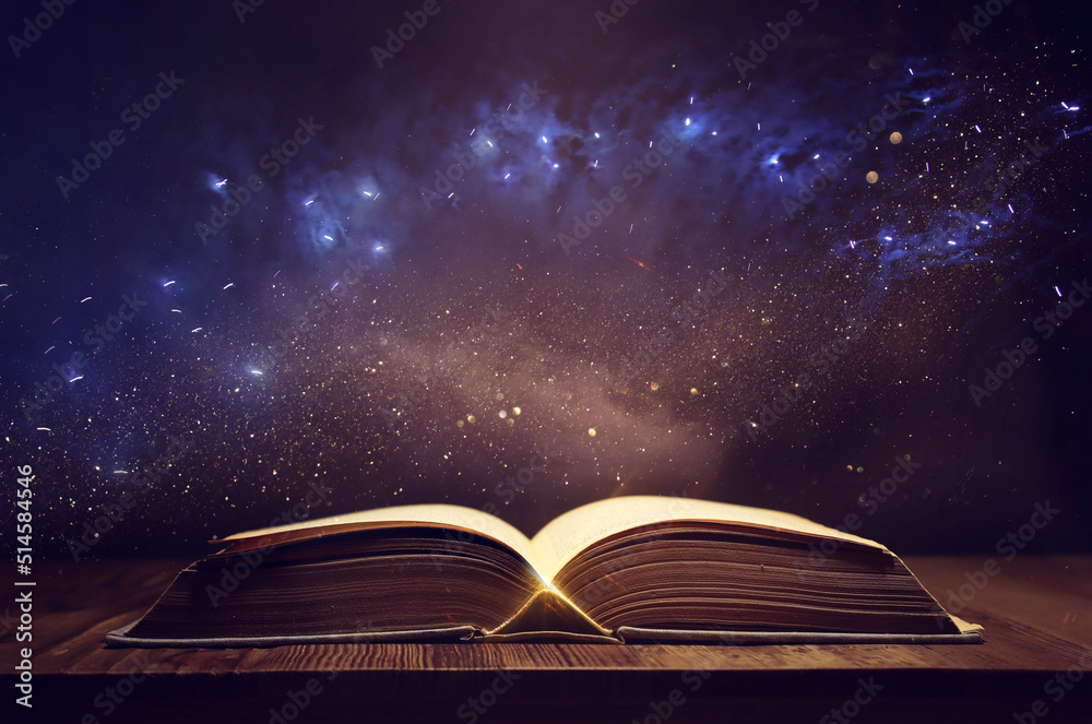 image of open antique book on wooden table with glitter overlay Stock ...