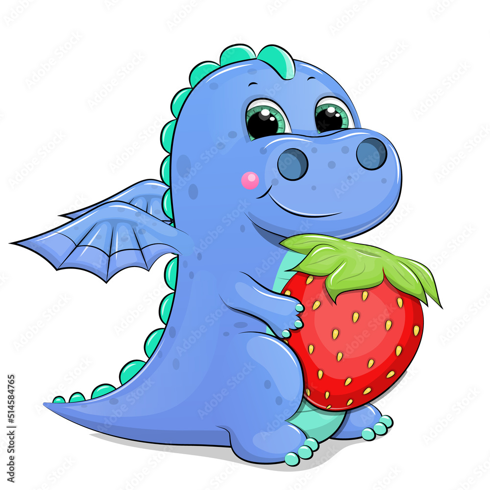 Cute cartoon blue dragon with strawberries. Vector illustration of an ...