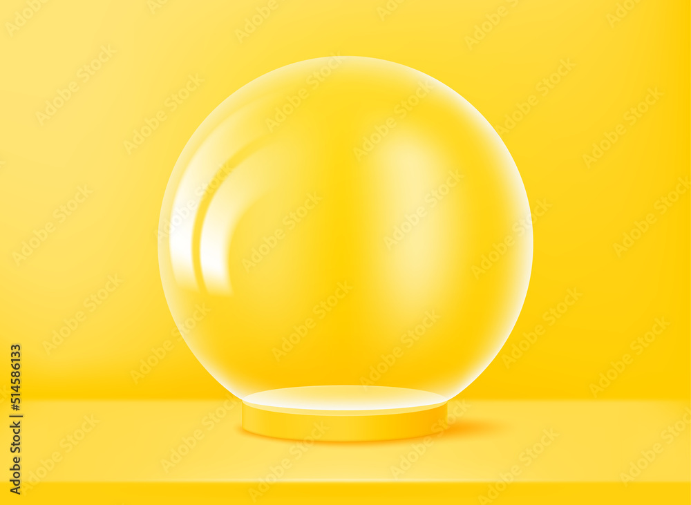 Yellow showcase with transparent glass sphere. 3d vector presentation ...