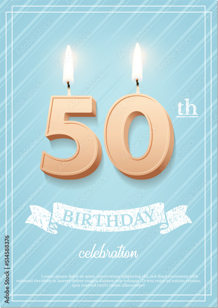 Burning number 50 birthday candle with vintage ribbon and birthday ...