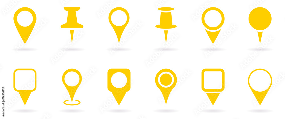 Yellow Location Pins Set Silhouette Icon. Pointer Navigation Symbol ...