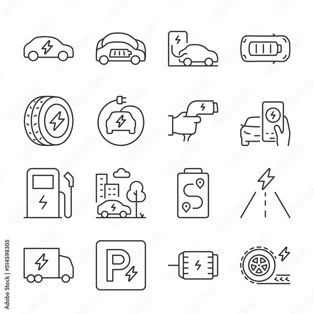 Electric car icons set. Cars with electronic engine, charging, using ...