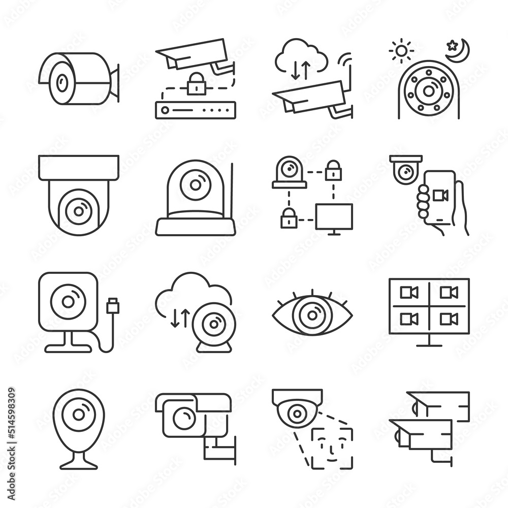 IP camera icons set. Security video surveillance, video recording ...