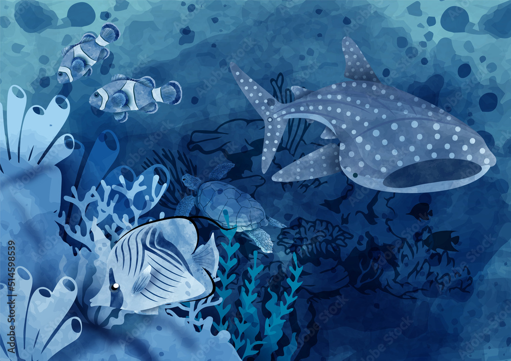 Whale shark with the scene of under ocean coral reef area in watercolor ...