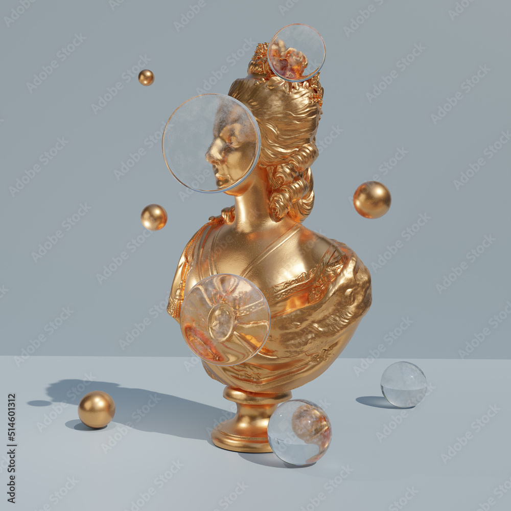 Gold bust of the queen of France. Composition with magnifying lenses ...