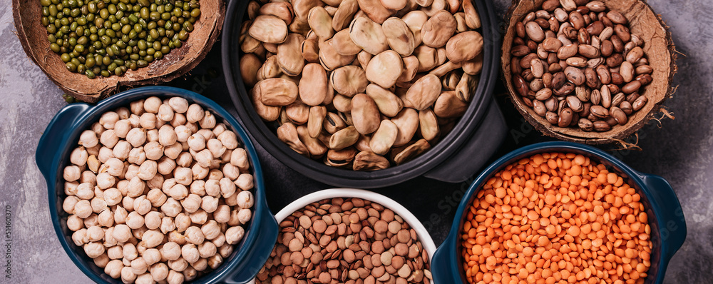 Various assortment of legumes beans, chickpeas, lentils, green peas ...