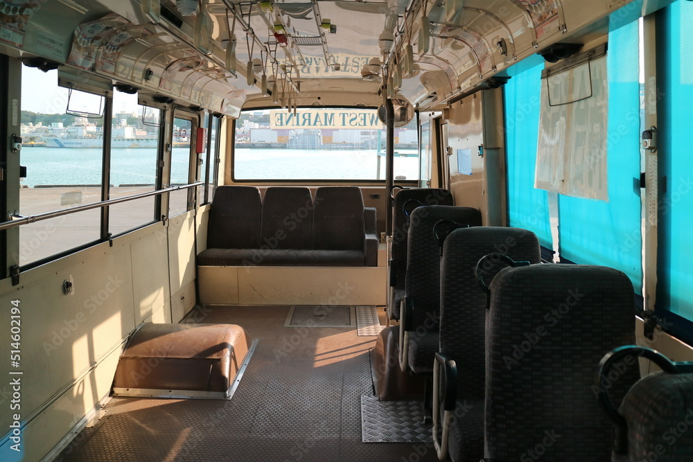 Neat and clean seats and pull tab handles inside a Japanese tour bus ...