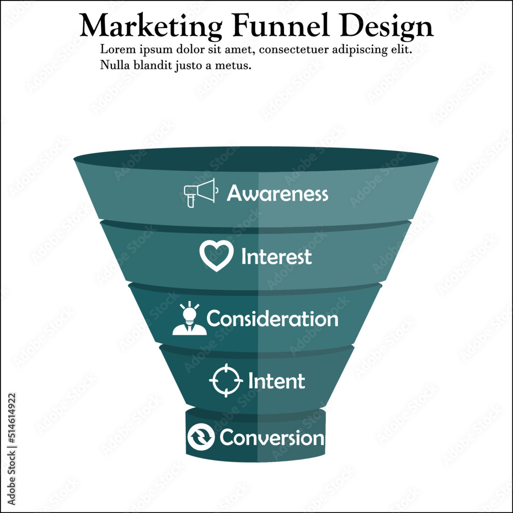 Marketing Funnel Design with Icons in an Infographic template Stock ...