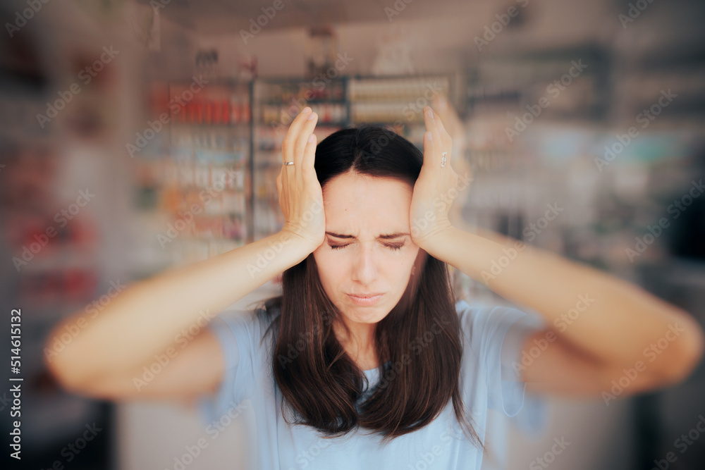 Sick Woman Suffering a Terrible Headache Entering Pharmacy for Help ...