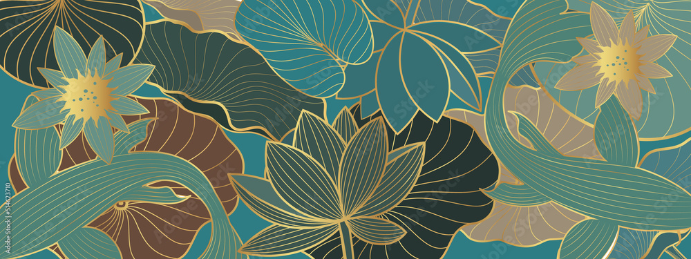Vector banner with golden lotus flowers on a blue background. Chinese ...