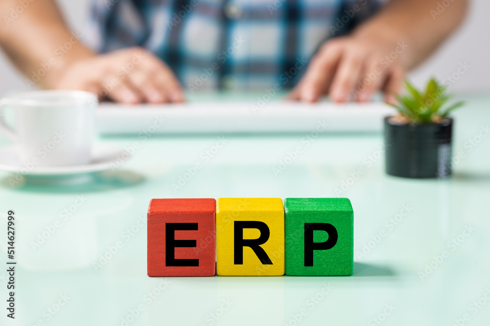 Office worker at the computer, wooden blocks, ERP abbreviation ...